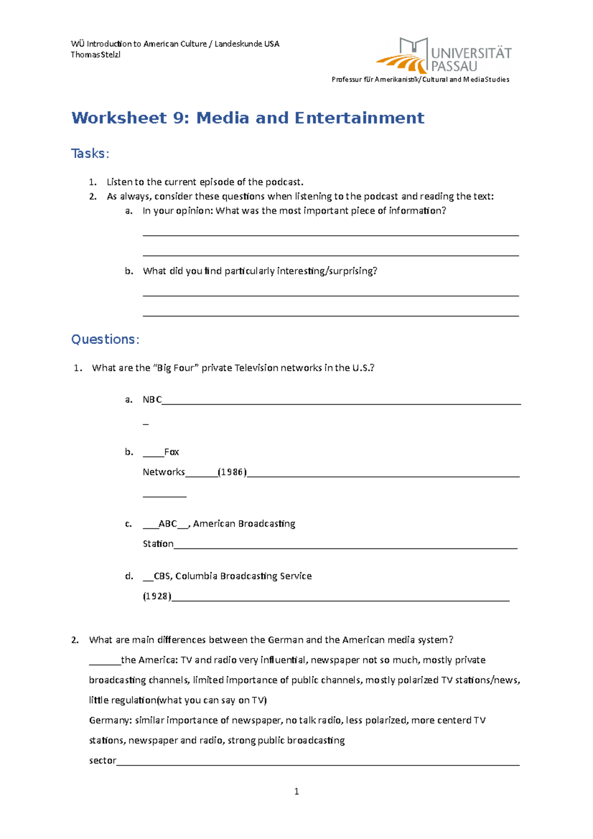 Worksheet 9 - Media and Entertainment - WÜ Introduction to American ...