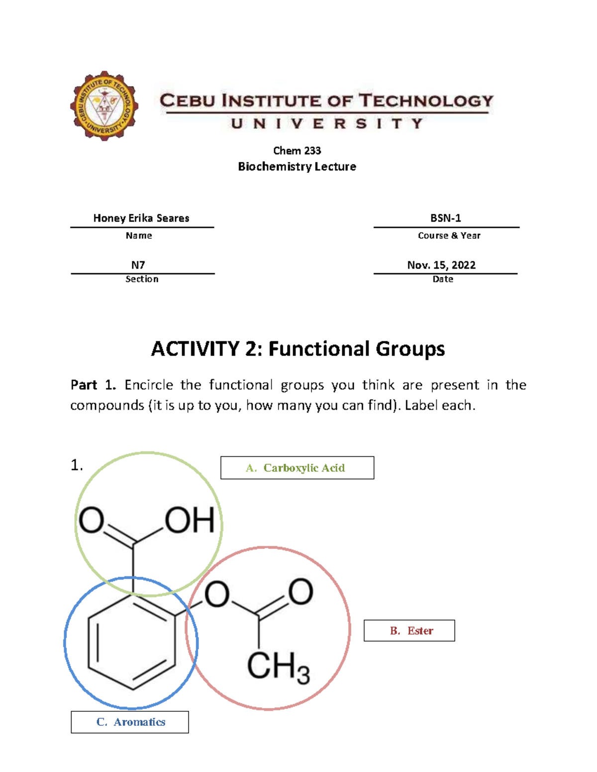 233 Act. 2 - BioChem - Chem 233 Biochemistry Lecture Honey Erika Seares ...