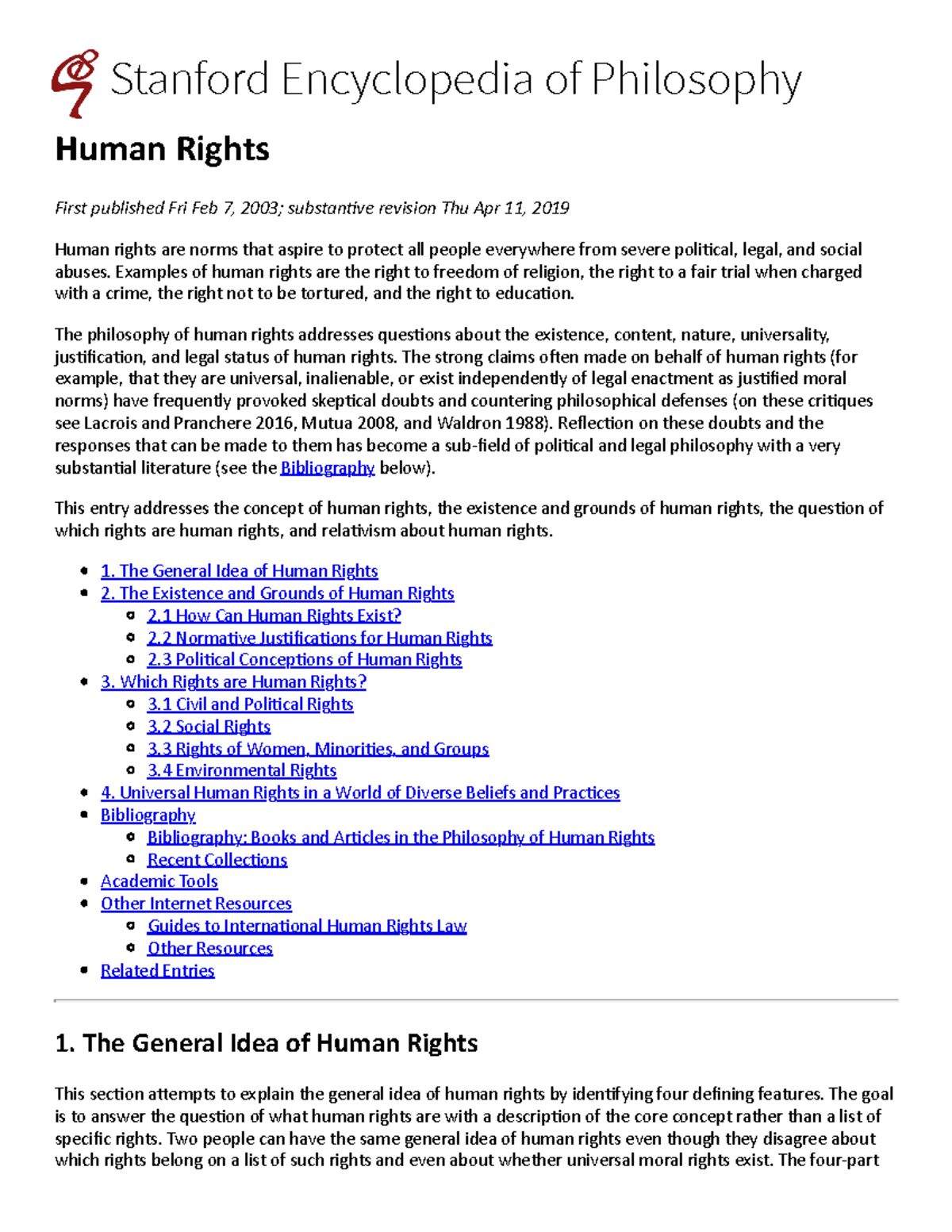 Human rigthts week 2 - N/A - Stanford Encyclopedia of Philosophy Human ...