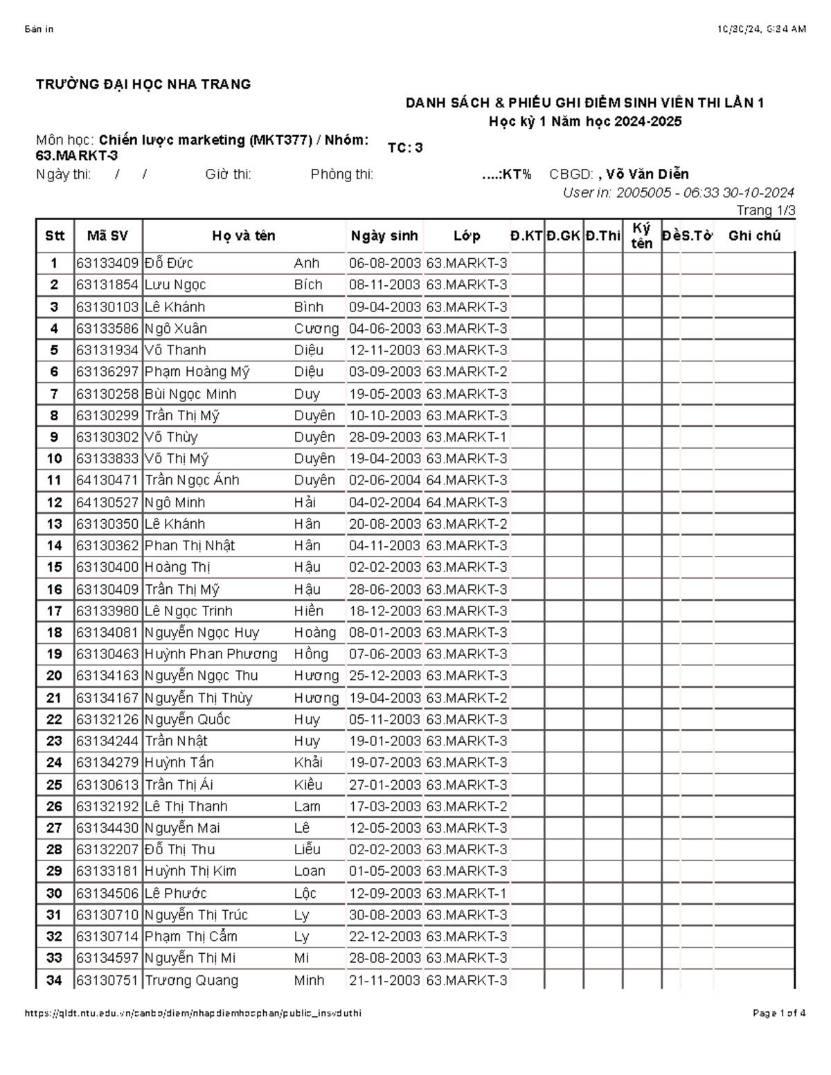 Chiến lược Marketing - 63M-3 - TRƯỜNG ĐẠI HỌC NHA TRANG Stt Mã SV Họ và ...