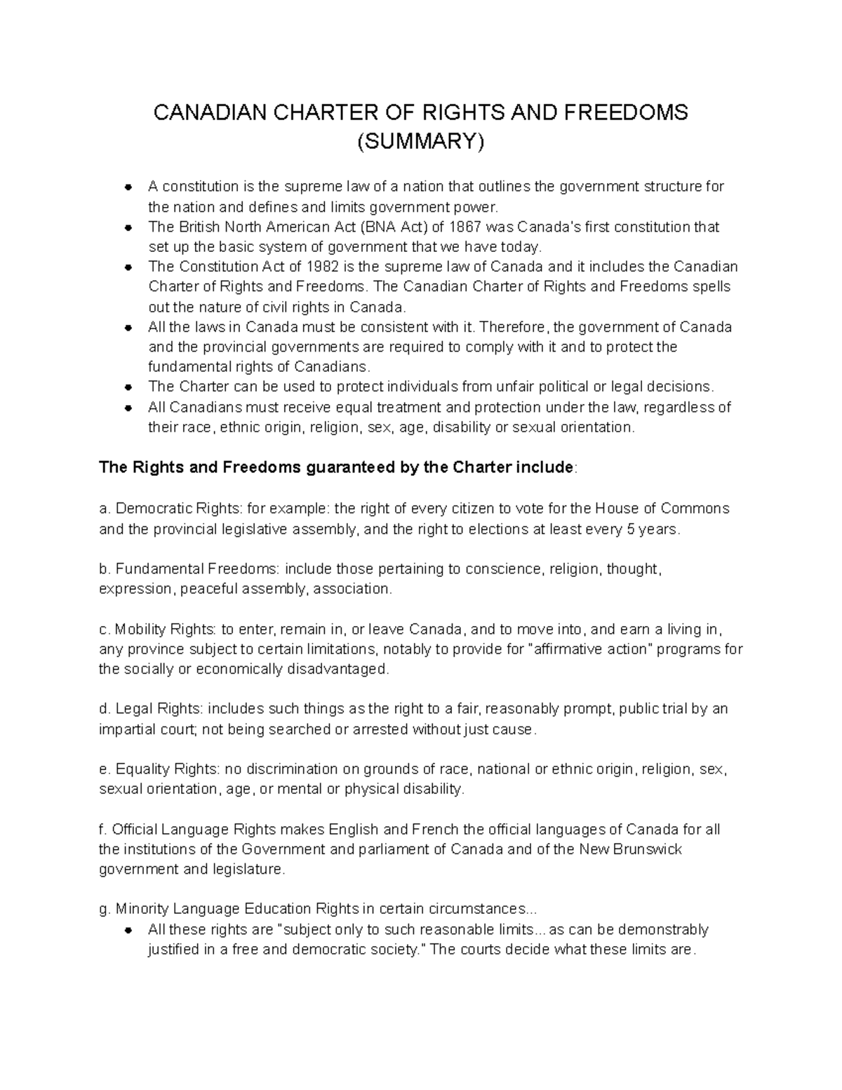 Canadian Charter OF Rights AND Freedoms (Summary) - CANADIAN CHARTER OF ...