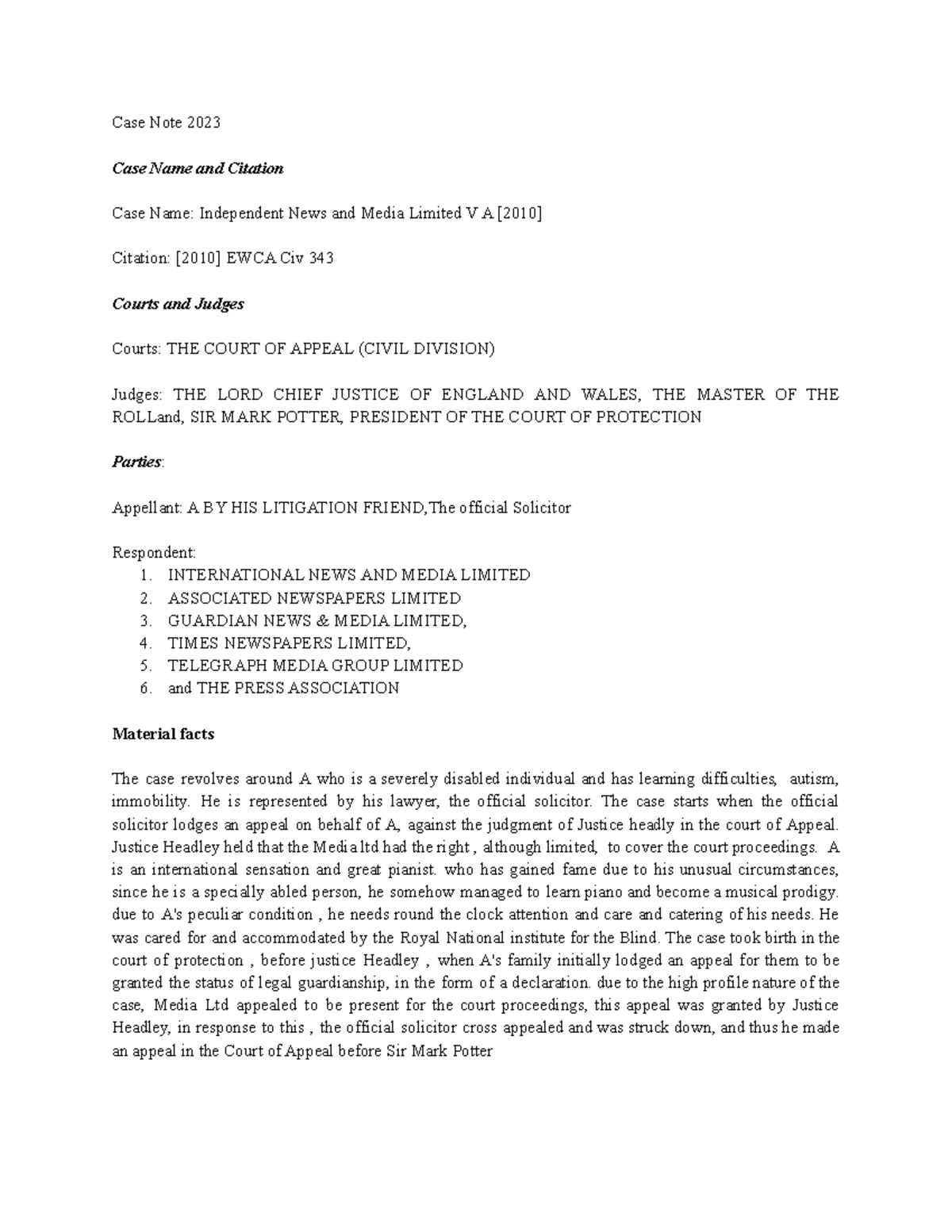 Case note , -92 325 9830003 - Case Note 2023 Case Name and Citation ...