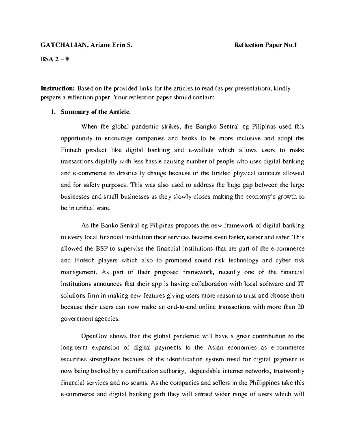 Reflection Paper No.1 Financial Market - Accountancy - Studocu