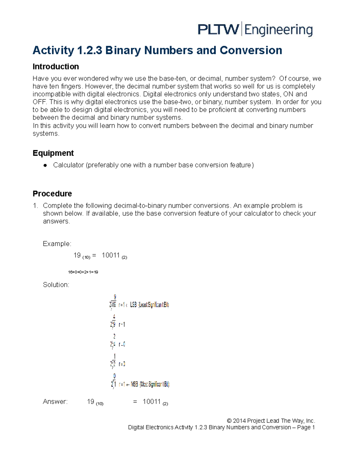 Binary Numbers and Conversion - Activity 1.2 Binary Numbers and Conversion Introduction Have you ...