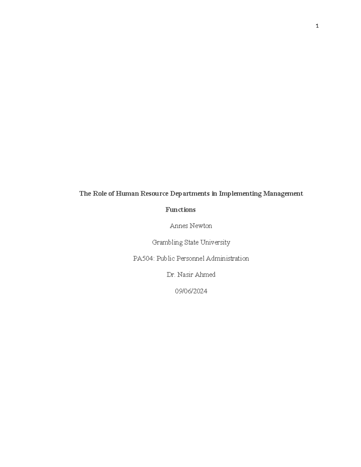 Assignment 1 short paper - The Role of Human Resource Departments in Implementing Management ...