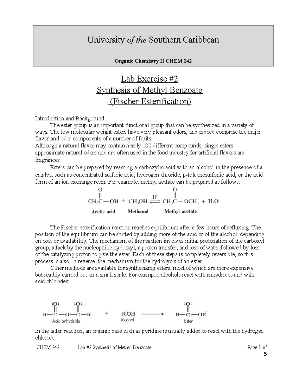 Esterification Synthesis Of Methyl Benzoate Writework