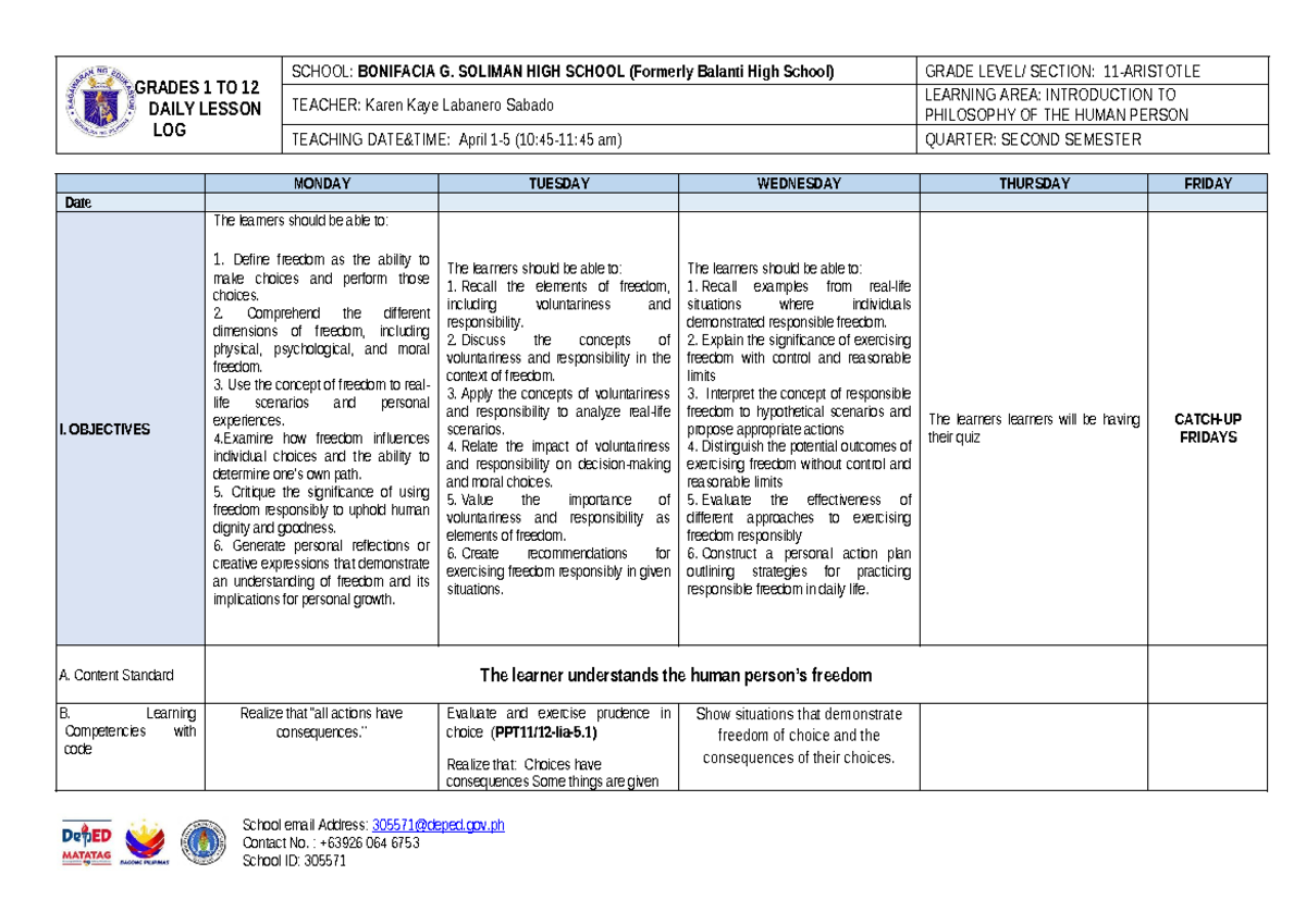 Daily Lesson Log Freedom of Human Person - GRADES 1 TO 12 DAILY LESSON ...