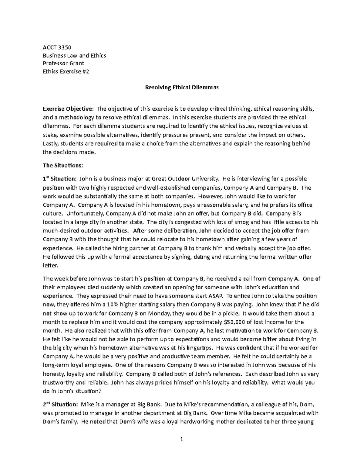 Ethics Exercise #2 - Resolving Ethical Dilemmas - ACCT 3350 Business ...