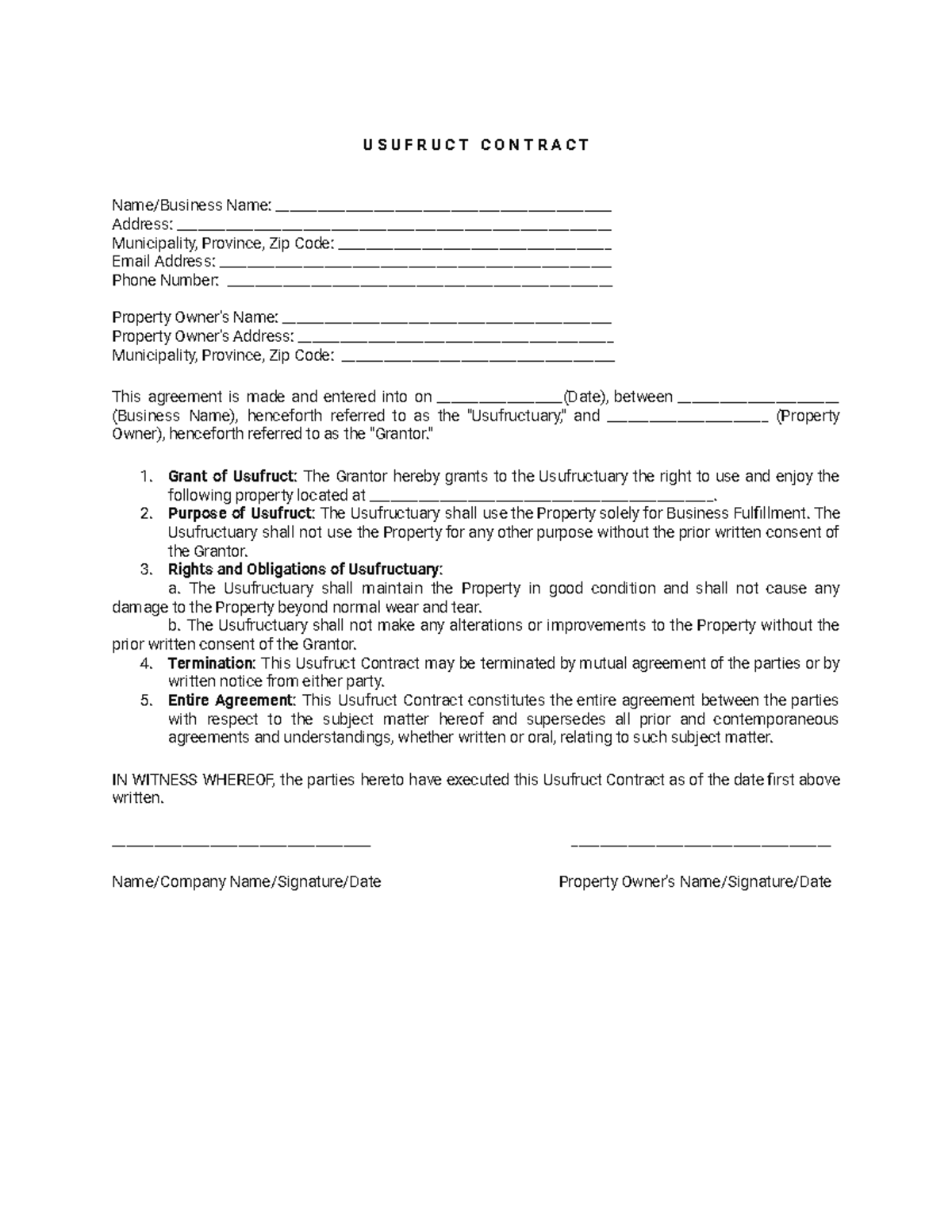 Usufruct Contract - U S U F R U C T C O N T R A C T Name/Business Name ...