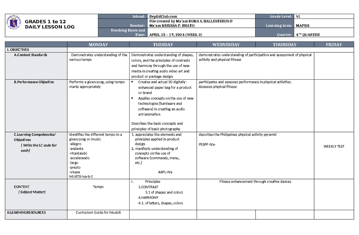 DLL Mapeh 6 Q4 W3 - ededed - GRADES 1 to 12 DAILY LESSON LOG School ...