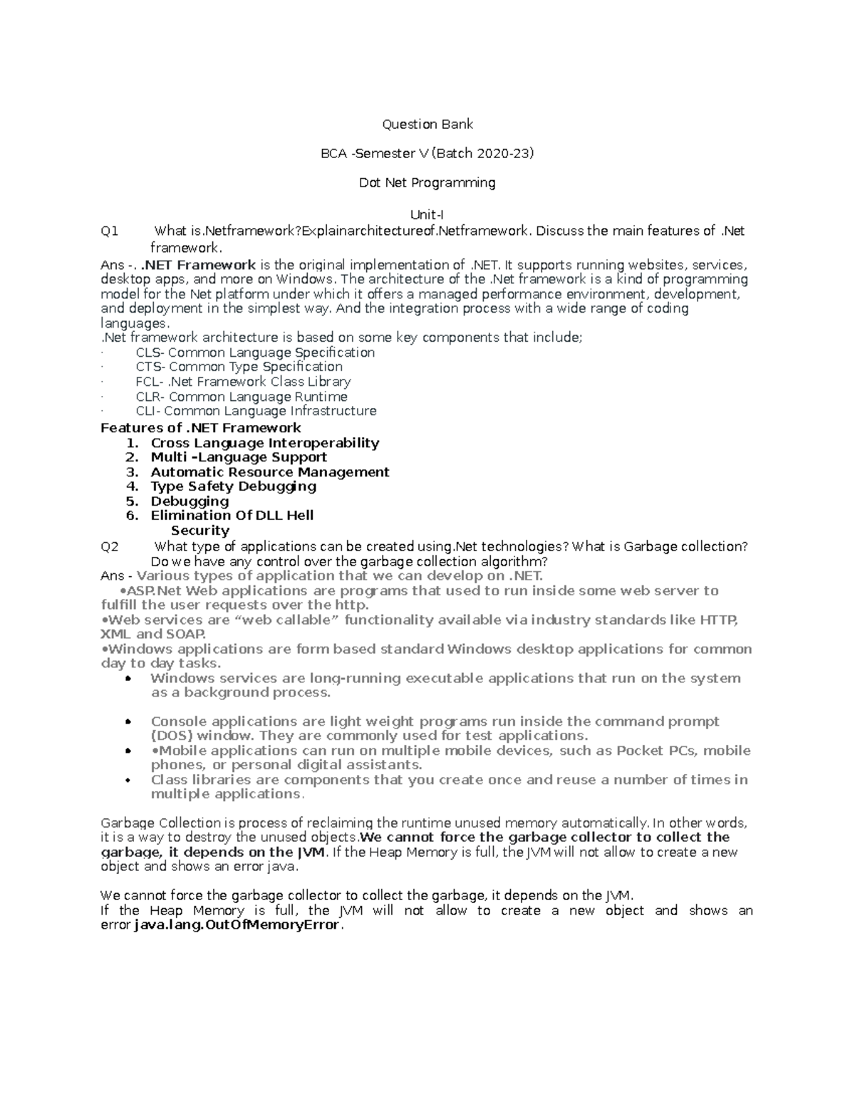 Dot Net question bank1(Final) - Question Bank BCA -Semester V (Batch ...