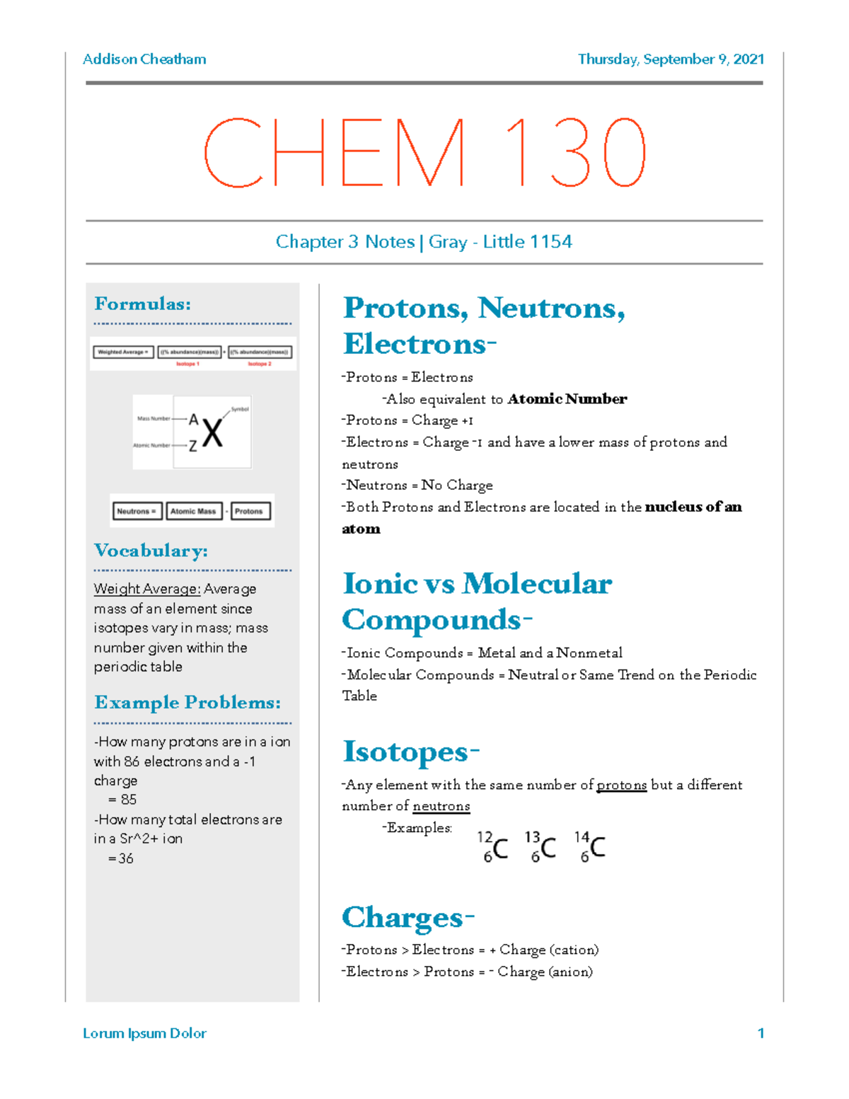 Chapter 3 - CHEM 130 - Addison Cheatham Thursday, September 9, 2021 ...