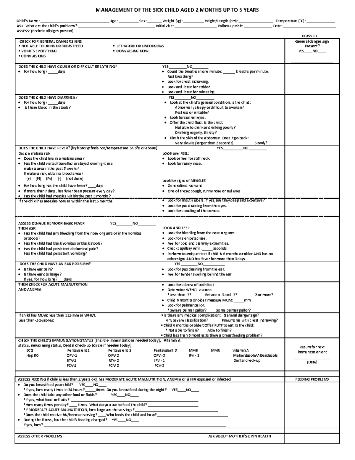 IMCI Management Form Sick Child - MANAGEMENT OF THE SICK CHILD AGED 2 ...