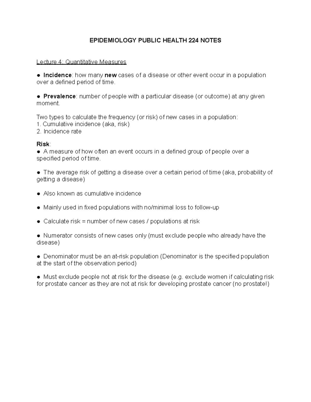 224 Lecture 4 notes - EPIDEMIOLOGY PUBLIC HEALTH 224 NOTES Lecture 4 ...