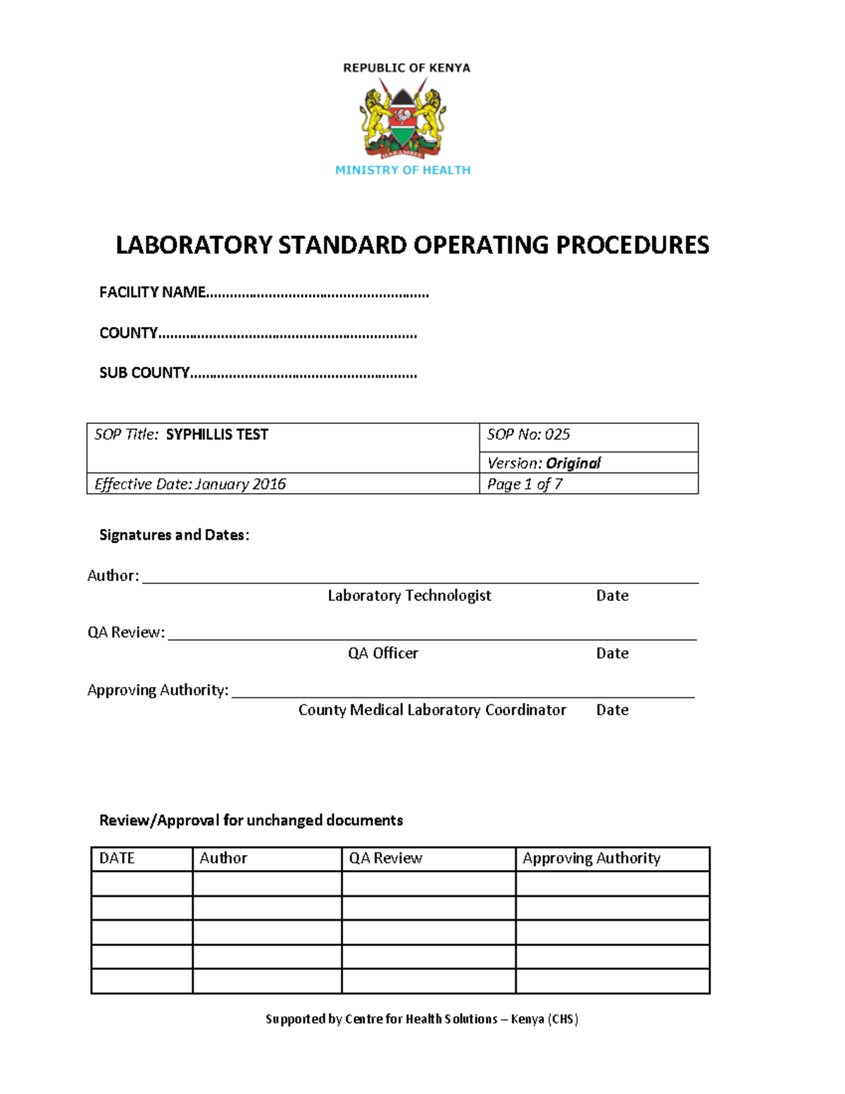 SOP - Syphlis Testing - syphilis test procedure - LABORATORY STANDARD ...