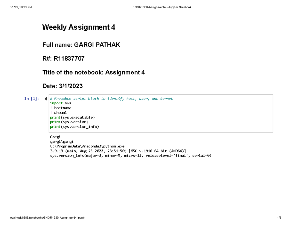 Engr1330 Assignment 4 Jupyter Notebook Weekly Assignment 4 Full Name Gargi Pathak R R
