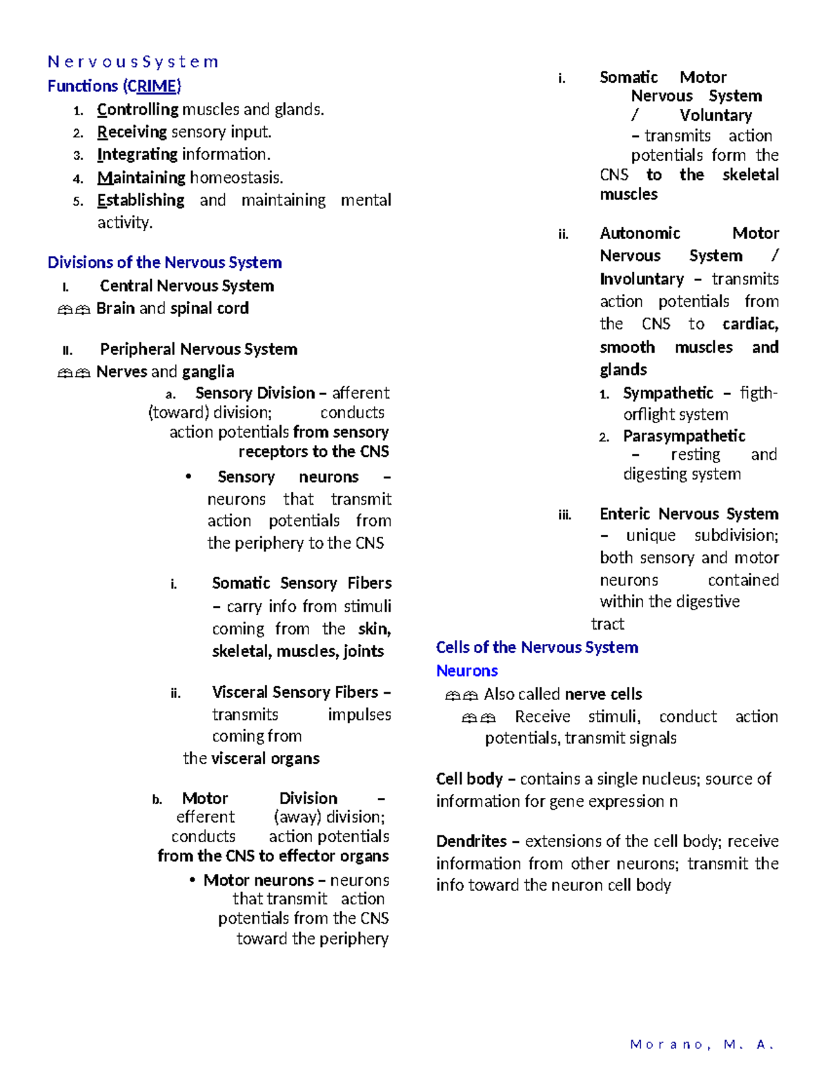 8-Nervous-System - notes - N e r v o u s S y s t e m Functions (CRIME ...