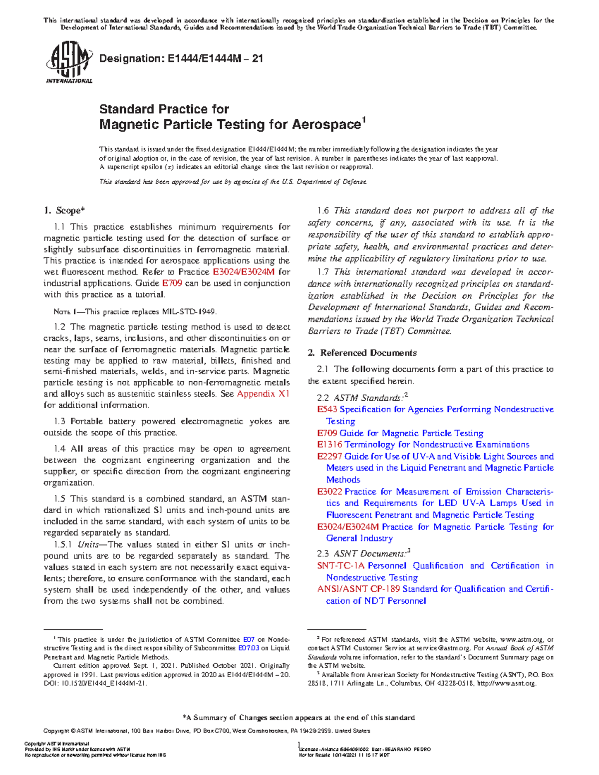 MT ASTM E1444-2021 - particulas - Designation: E1444/E1444M − 21 Standard Practice for Magnetic ...