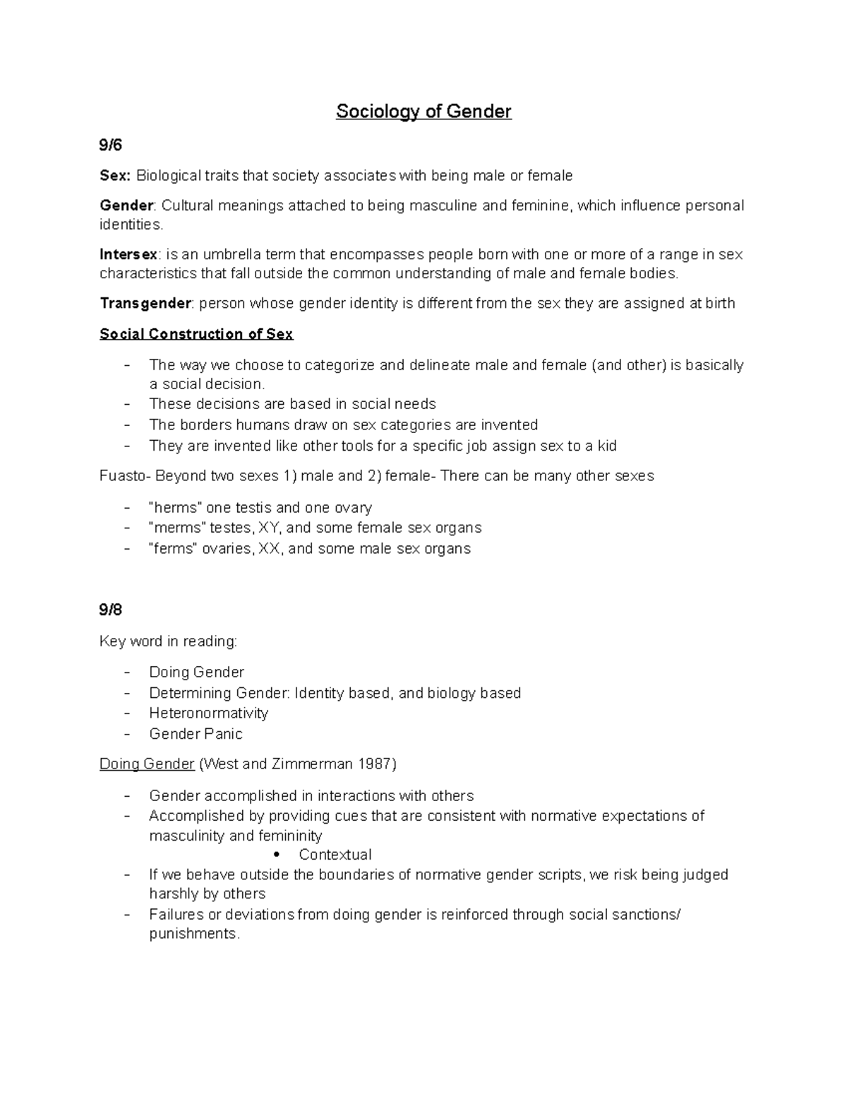 Sociology of Gender- notes - Sociology of Gender 9/ Sex: Biological ...