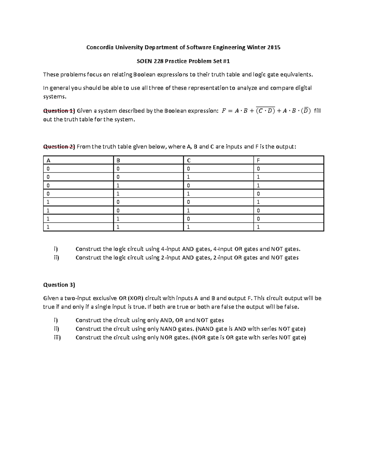 Practice problems 1 - Concordia University Department of Software Engineering Winter 2015 SOEN ...