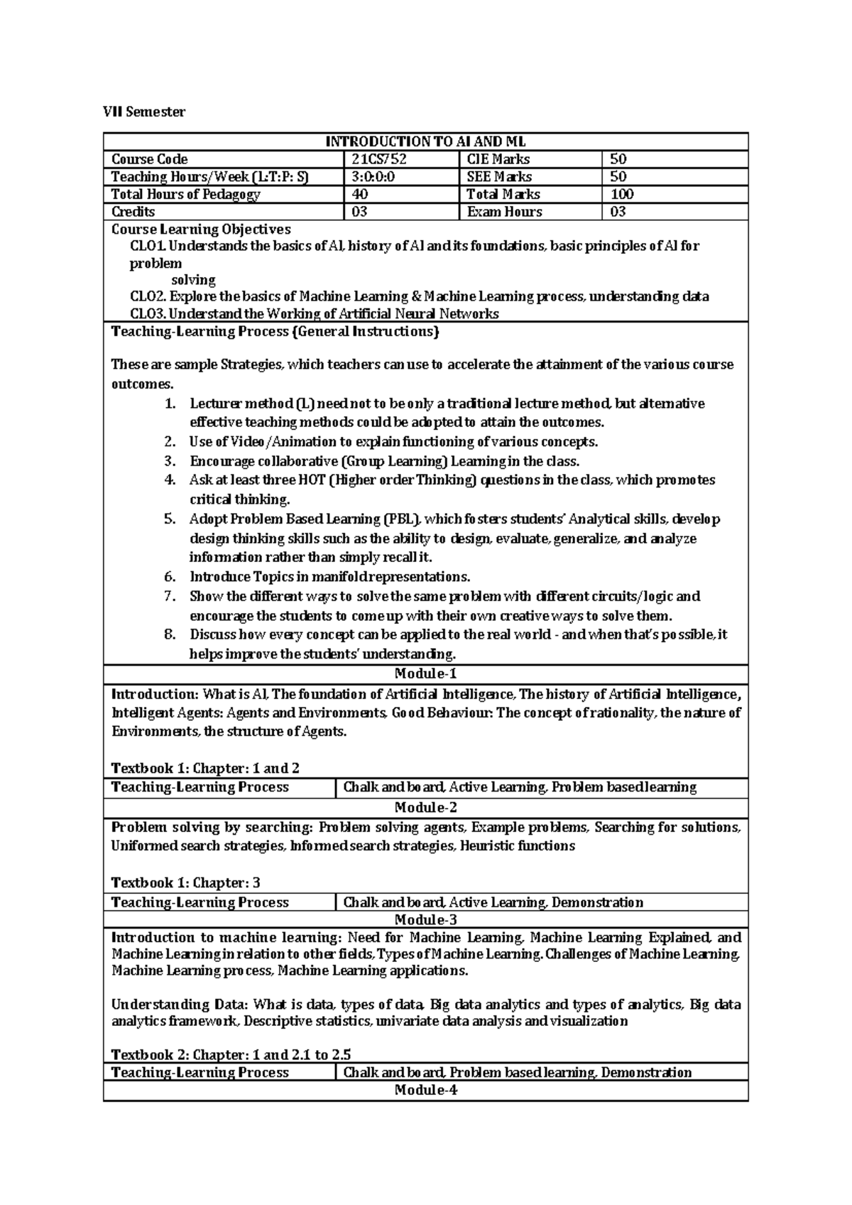 Introduction to AI & ML - Syllabus - VII Semester INTRODUCTION TO AI ...
