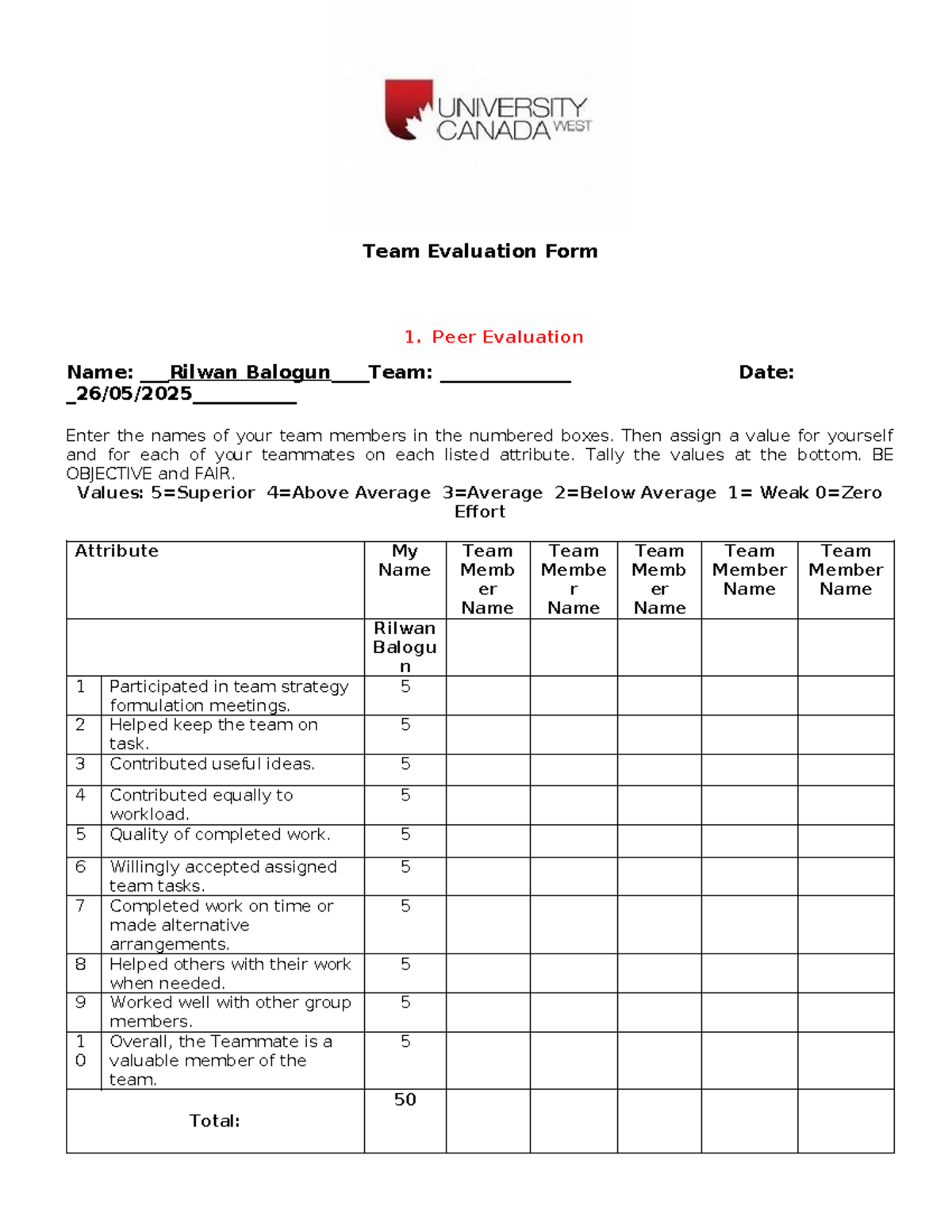 Team Evaluation Form - Summary Leadership in the Global Context - Team ...