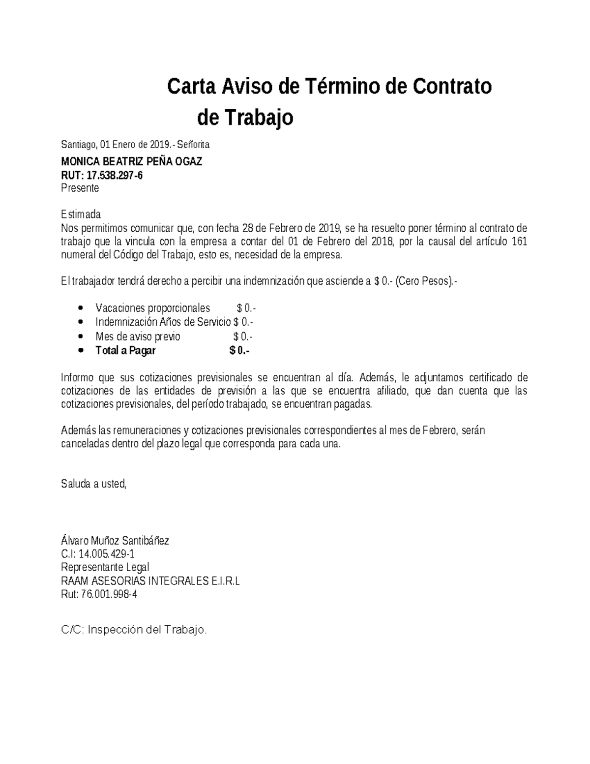 CARTA TERMINO CONTRATO EMPRESA PACHECO - Carta Aviso de Término de ...