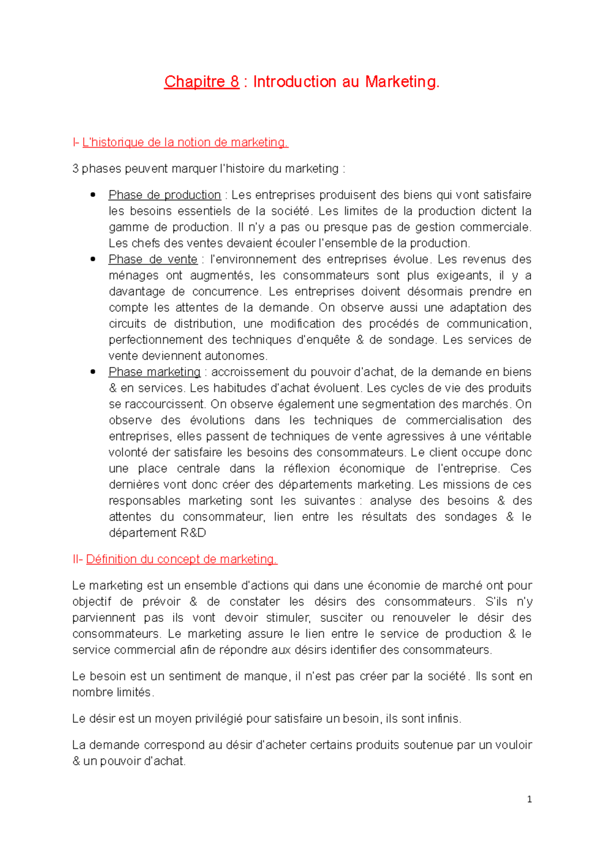 Chapitre 8 Introduction au Marketing - Chapitre 8 : Introduction au Marketing. I- L’historique ...