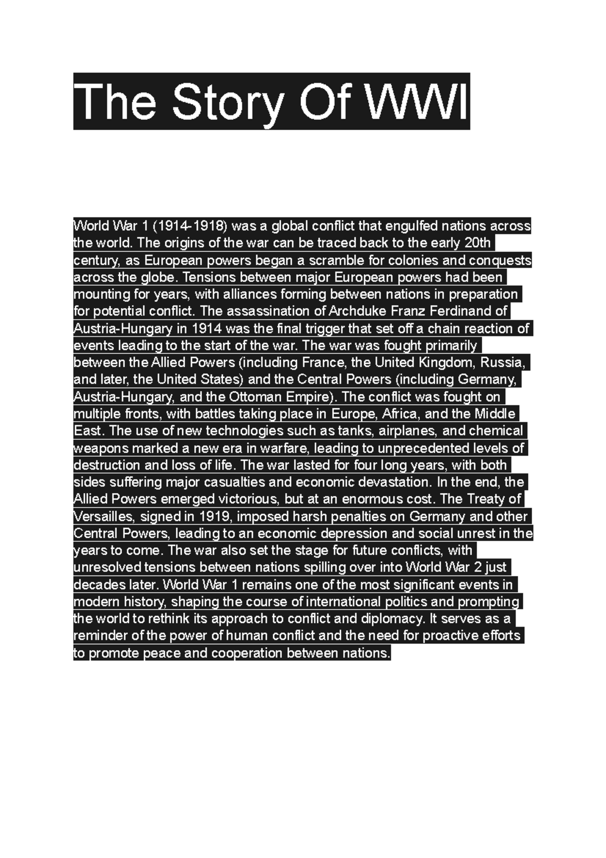 The Story Of WWI - The Story Of WWI World War 1 (1914-1918) was a ...