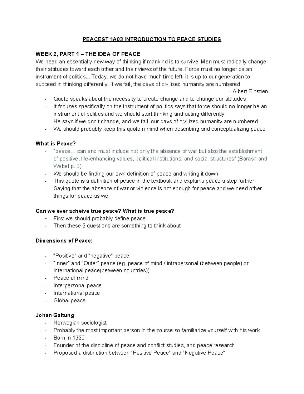 Peacest 1A03 Week 2 Notes - PEACEST 1A03 INTRODUCTION TO PEACE STUDIES ...