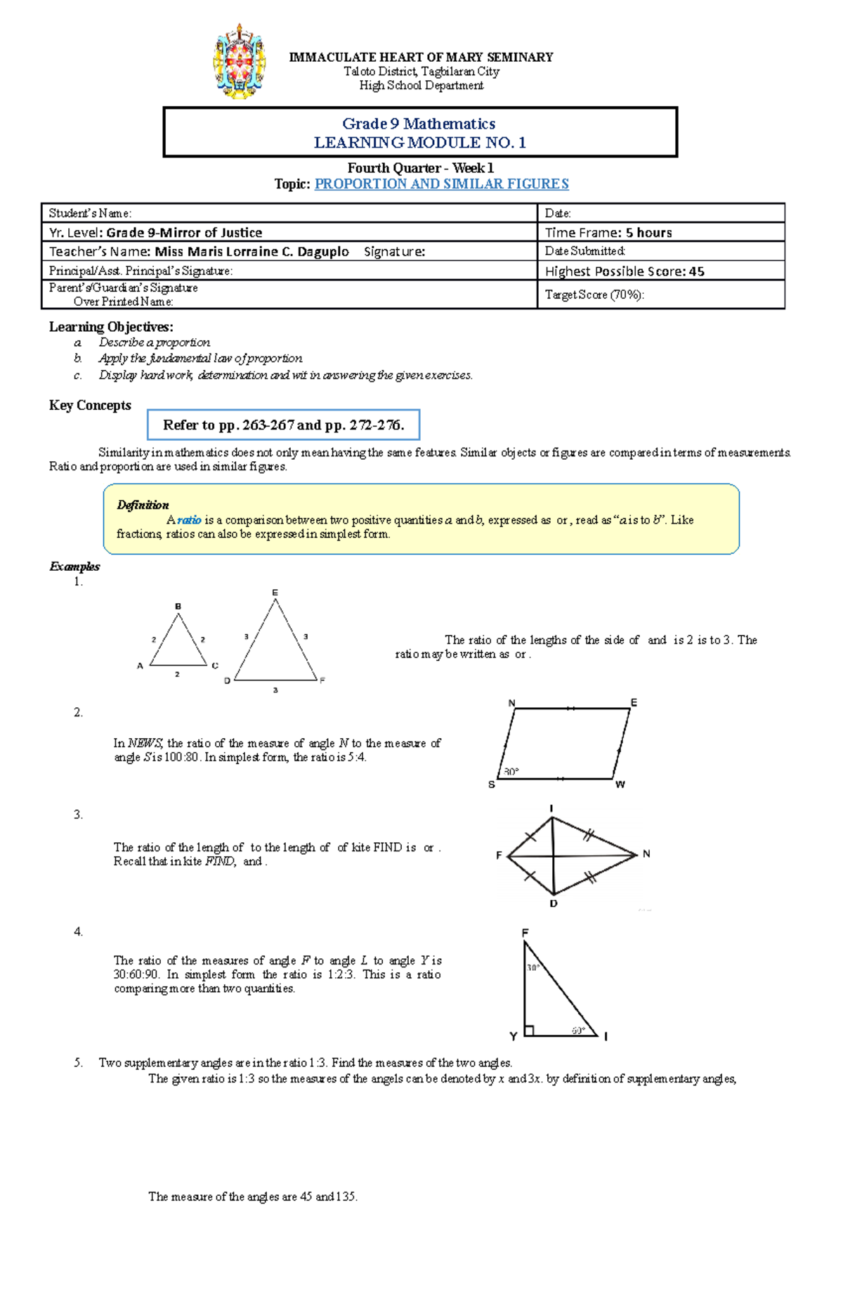 G 9 1 Proportion AND Similar Figures - IMMACULATE HEART OF MARY ...
