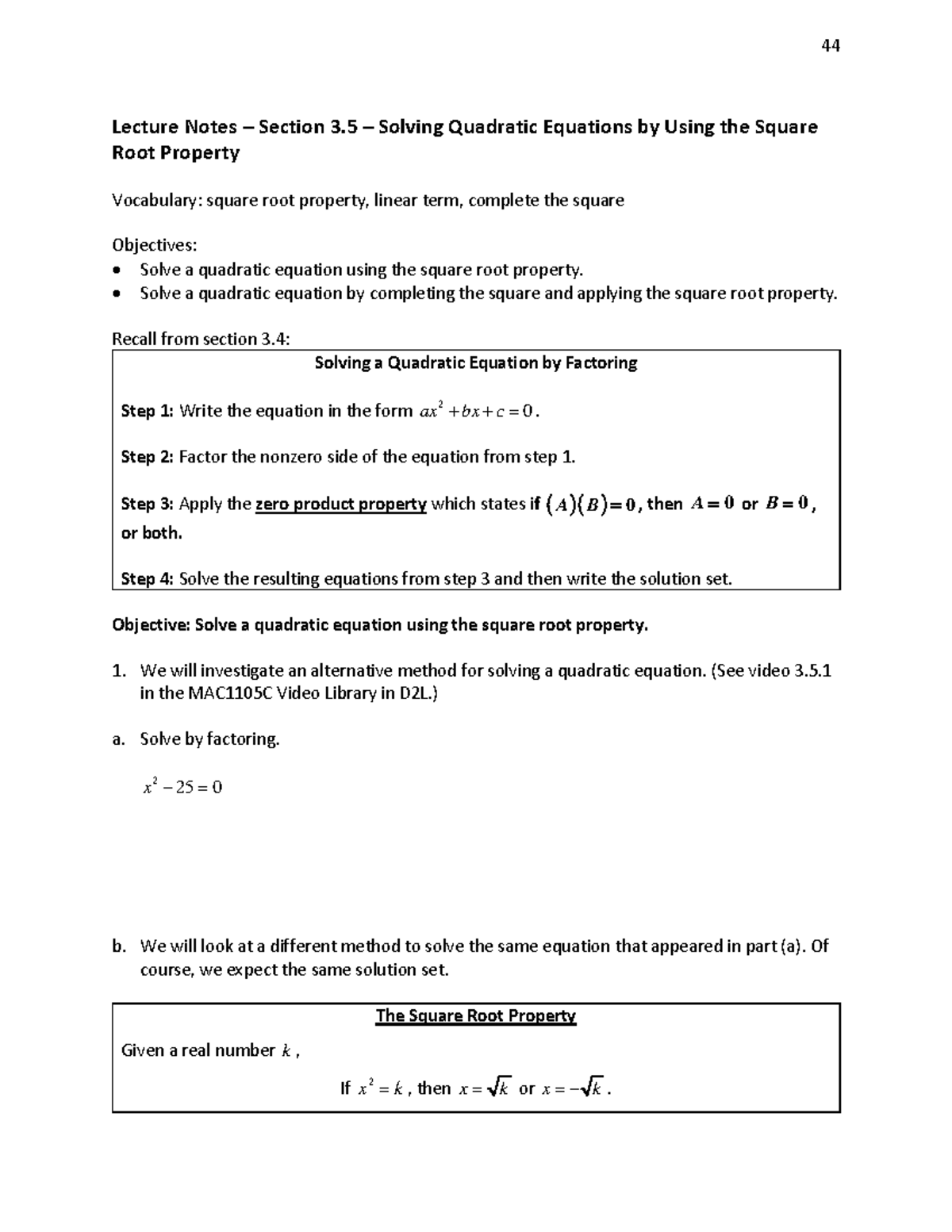 M1105C 3.5 LN Solving Quadratic Equations by Using the Square Root ...