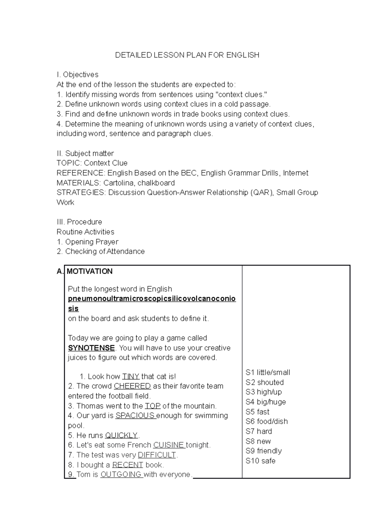 Context Clues - Study - DETAILED LESSON PLAN FOR ENGLISH I. Objectives ...