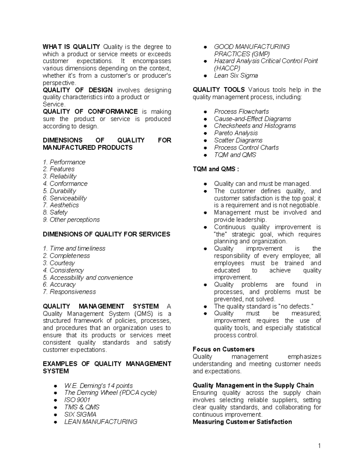 3 Page Summary-Quality Management - WHAT IS QUALITY Quality is the ...