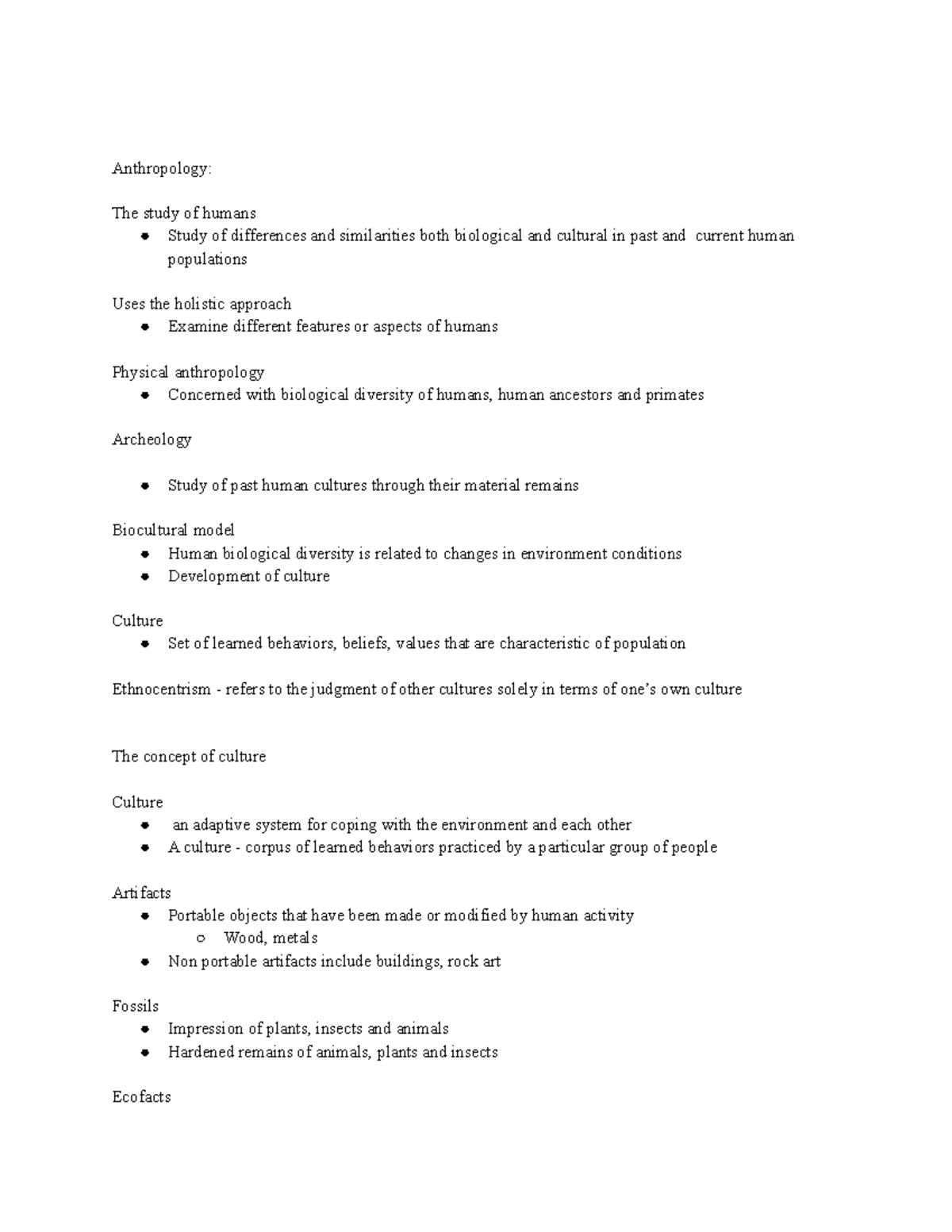 Anthropology FF - notes - Anthropology: The study of humans Study of ...