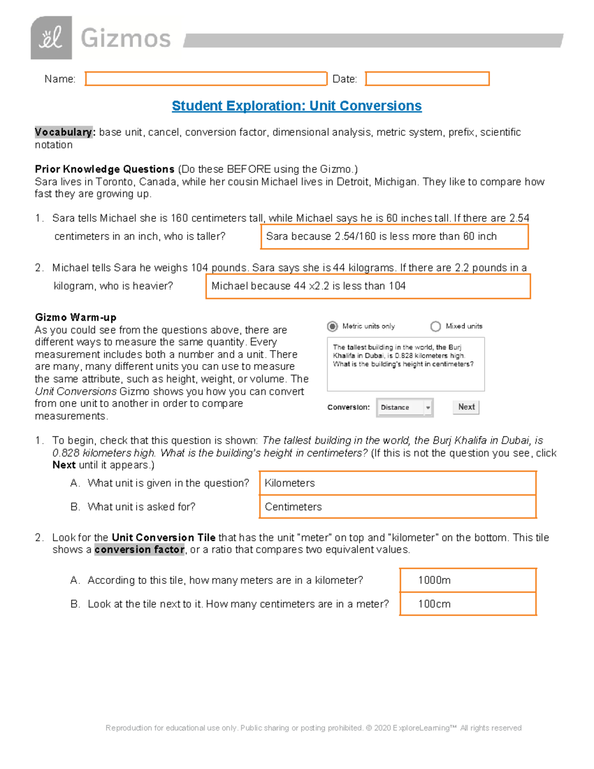 Copy of Unit Conversion Gizmo Student Exploration - Name: Date: Student ...