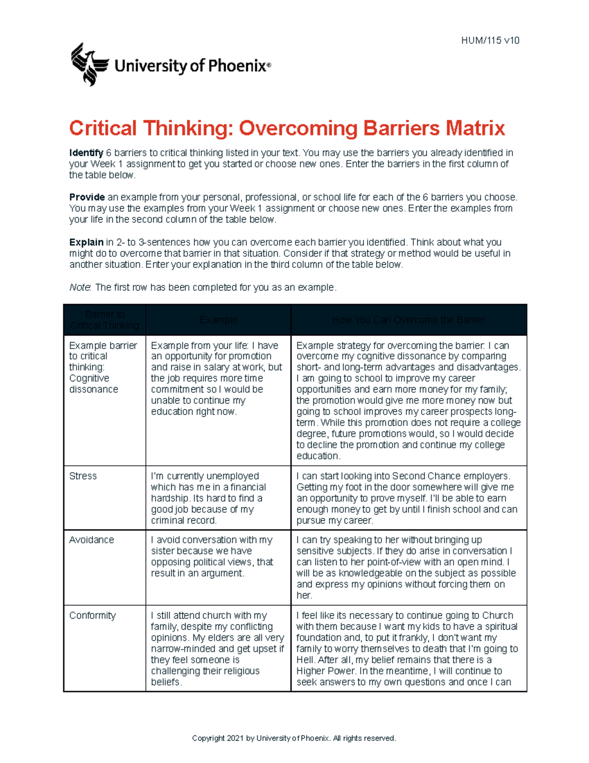Matrix - Summative assessment - HUM/115 v Critical Thinking: Overcoming ...
