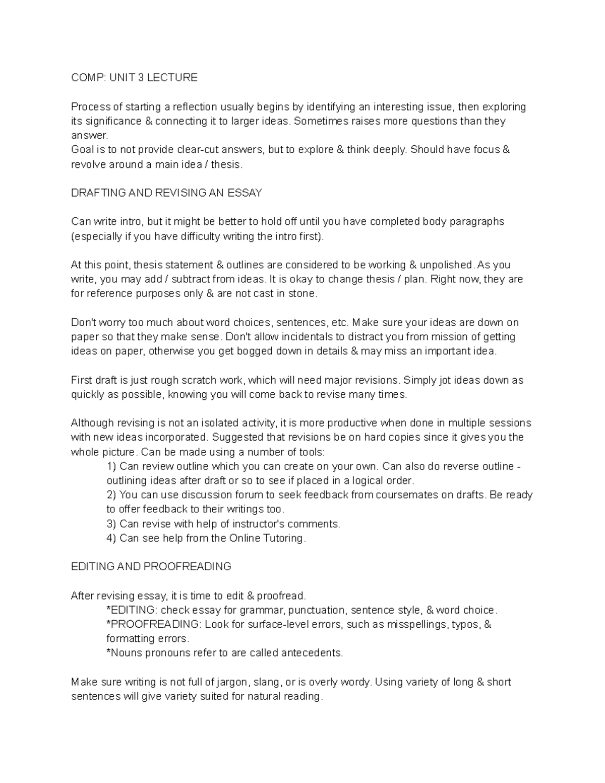 College Comp Unit 3 Lectures - COMP: UNIT 3 LECTURE Process of starting a reflection usually ...