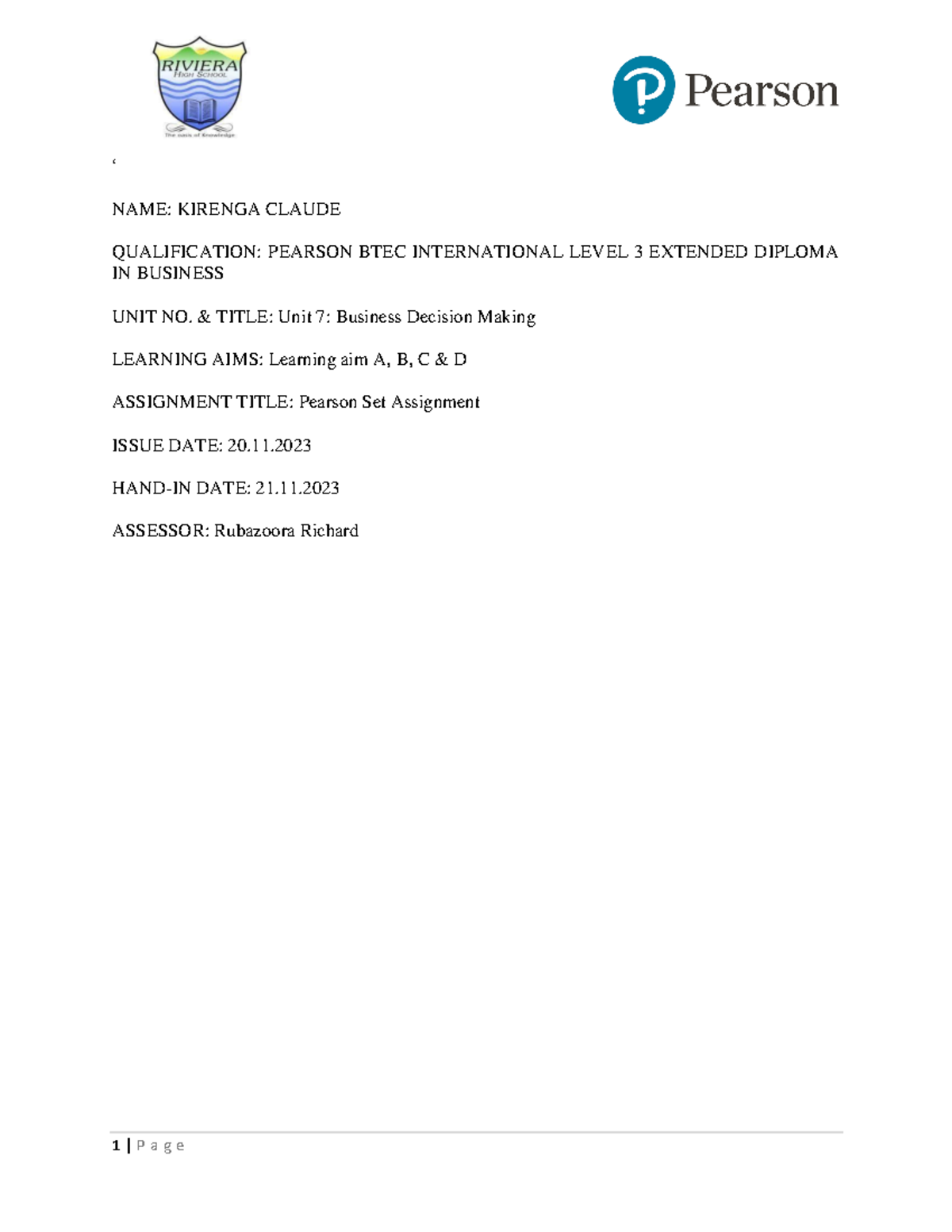 Hgfdsa - ‘ NAME: KIRENGA CLAUDE QUALIFICATION: PEARSON BTEC ...