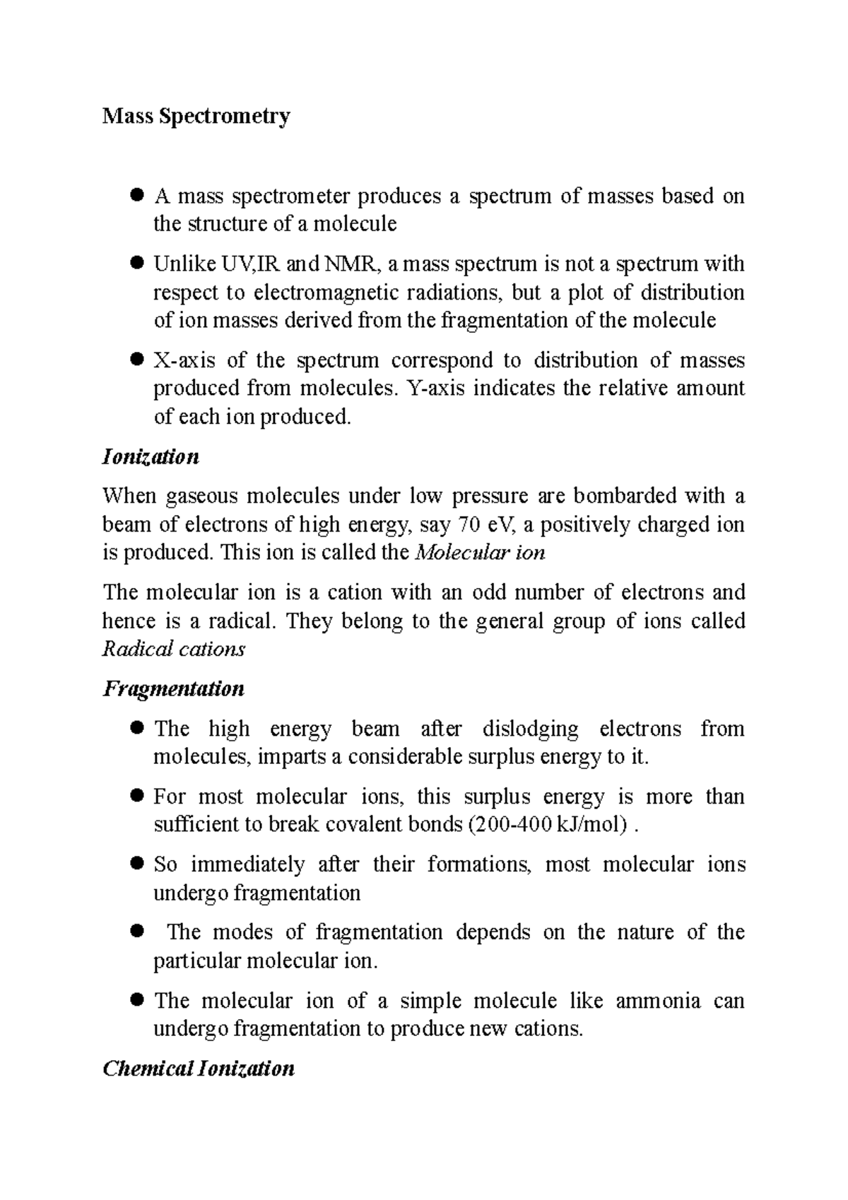 Mass Spectrometry - Ionization, Fragmentation, Chemical Ionization ...