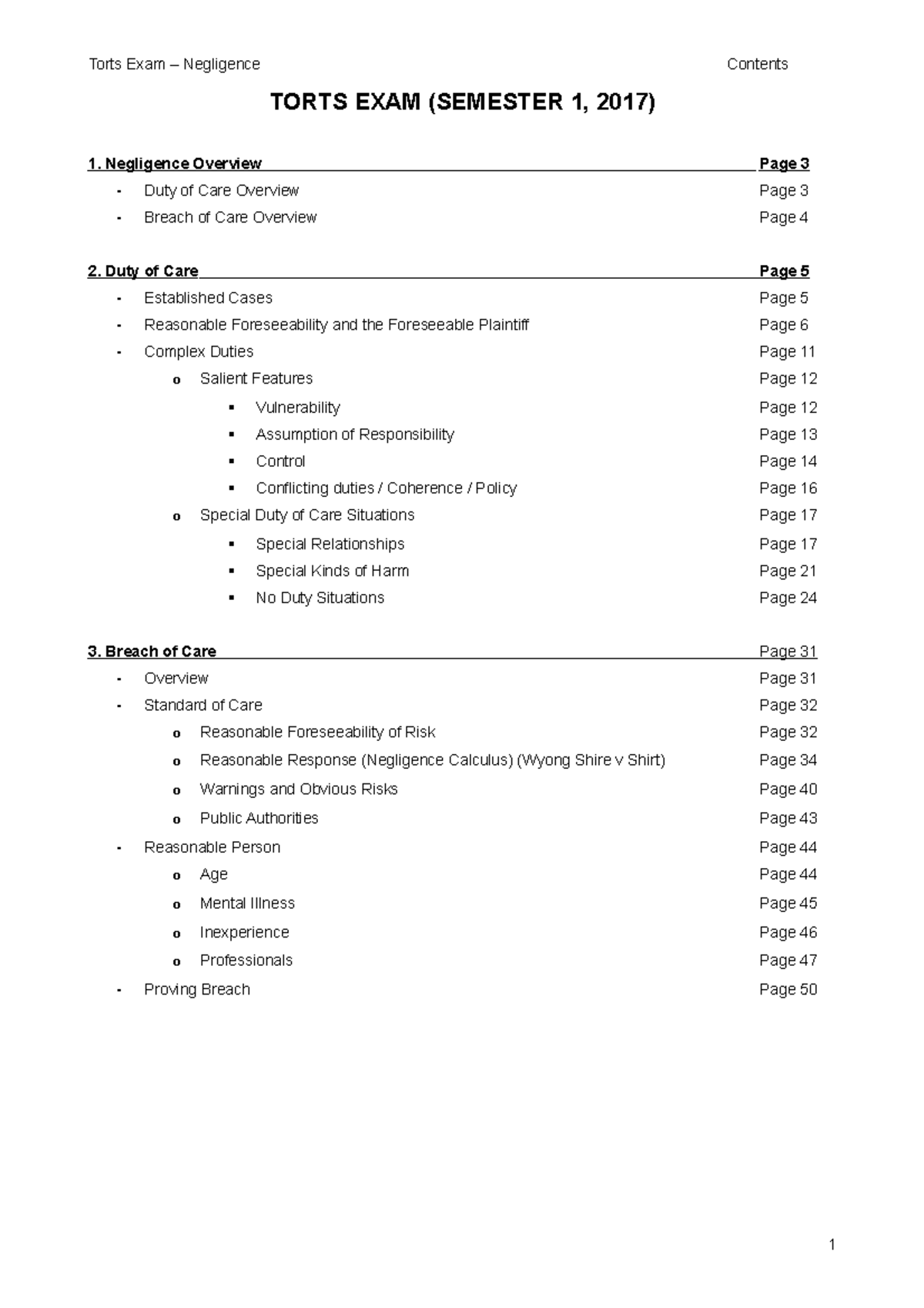 Torts Summary - Negligence - Torts Exam – Negligence Contents 1. Negligence Overview Page TORTS ...