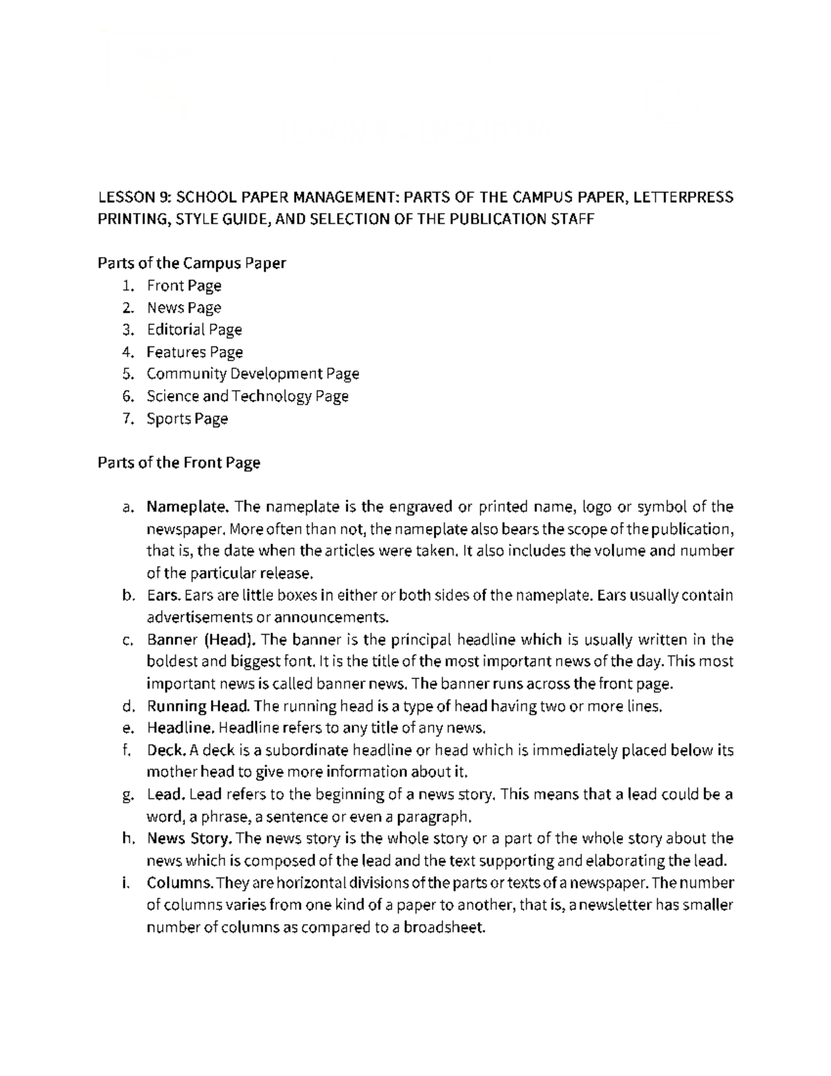 School Paper Management - Campus Journalism - LESSON 9 – ENCAJO3 - Studocu