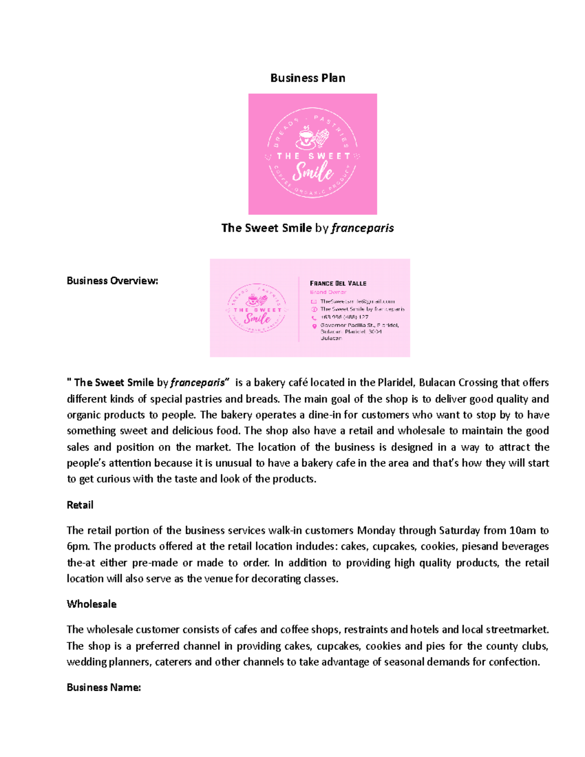 Business Plan - Business Plan The Sweet Smile by franceparis Business ...