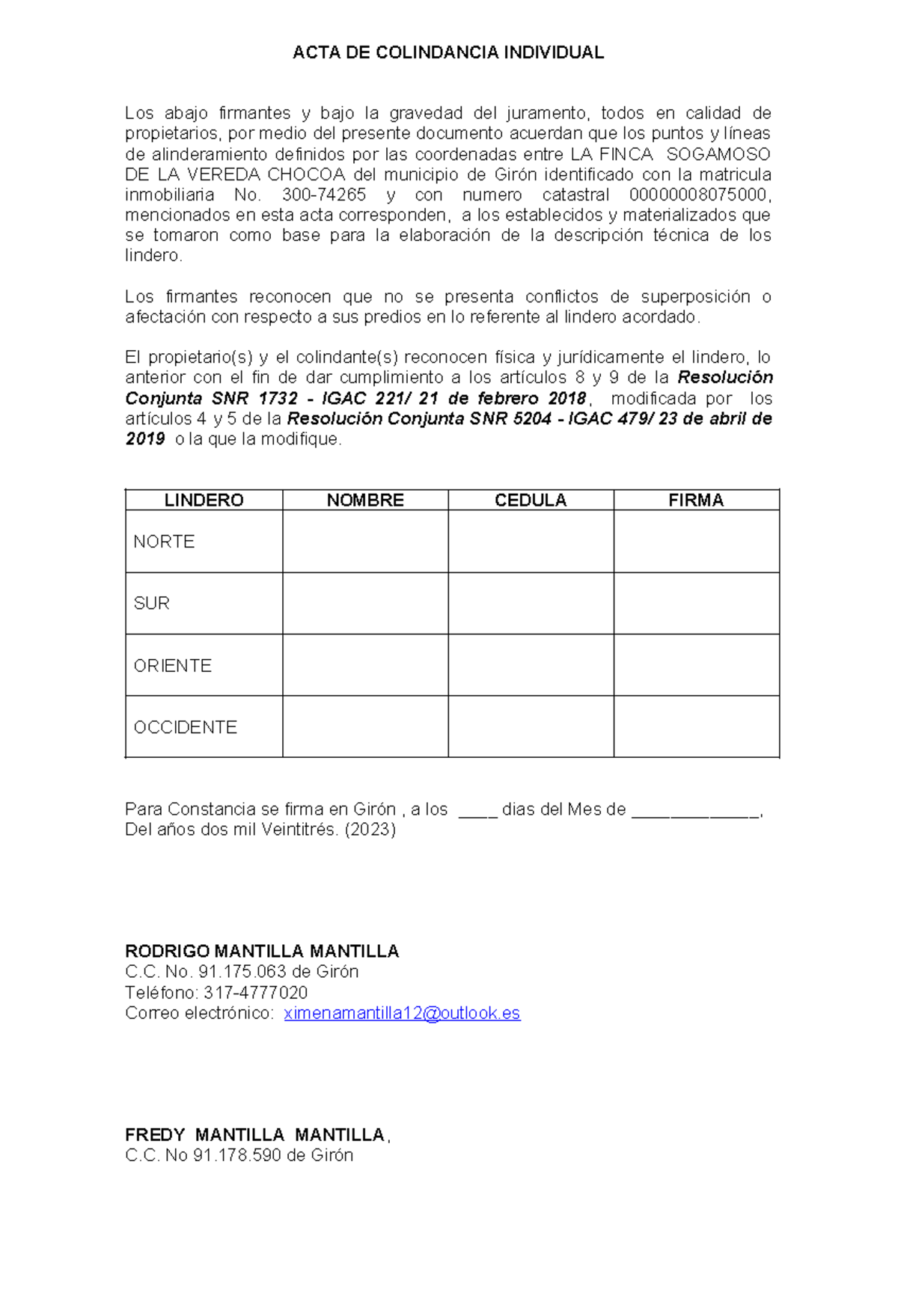 ACTA DE Colindancia - ACTA DE COLINDANCIA INDIVIDUAL Los abajo ...