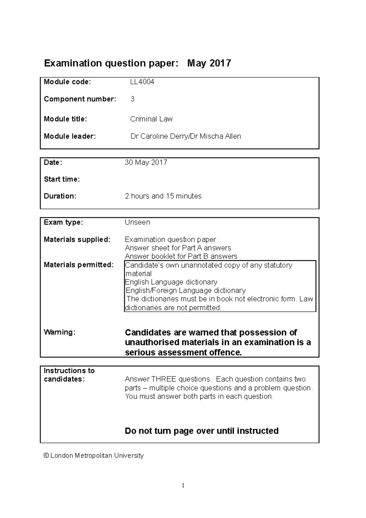 Exam 22 May 2017, questions - Examination question paper: May 2017 Module code: LL Component ...
