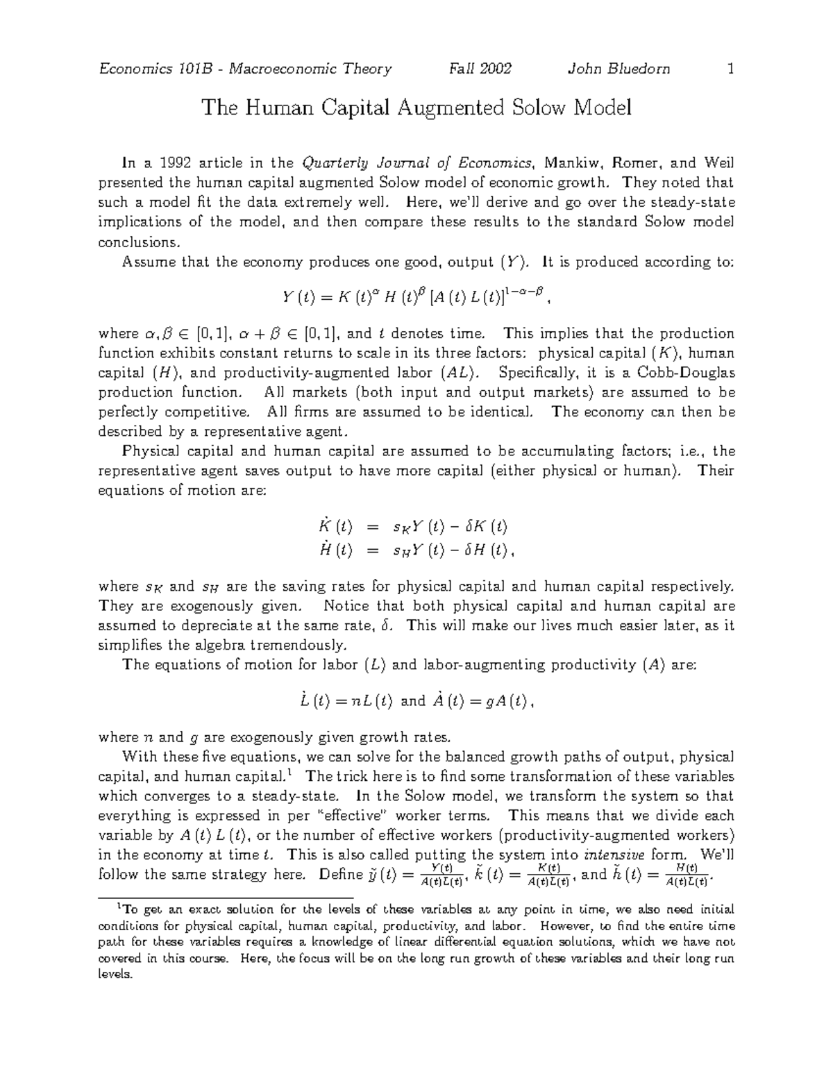 Human capital solow - The Human Capital Augmented Solow Model In a 1992 ...