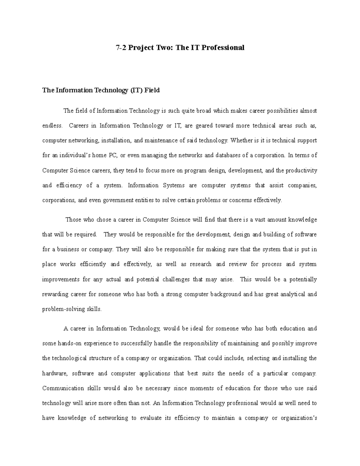 The IT Professional - Module 7 Assignment - 7-2 Project Two: The IT ...