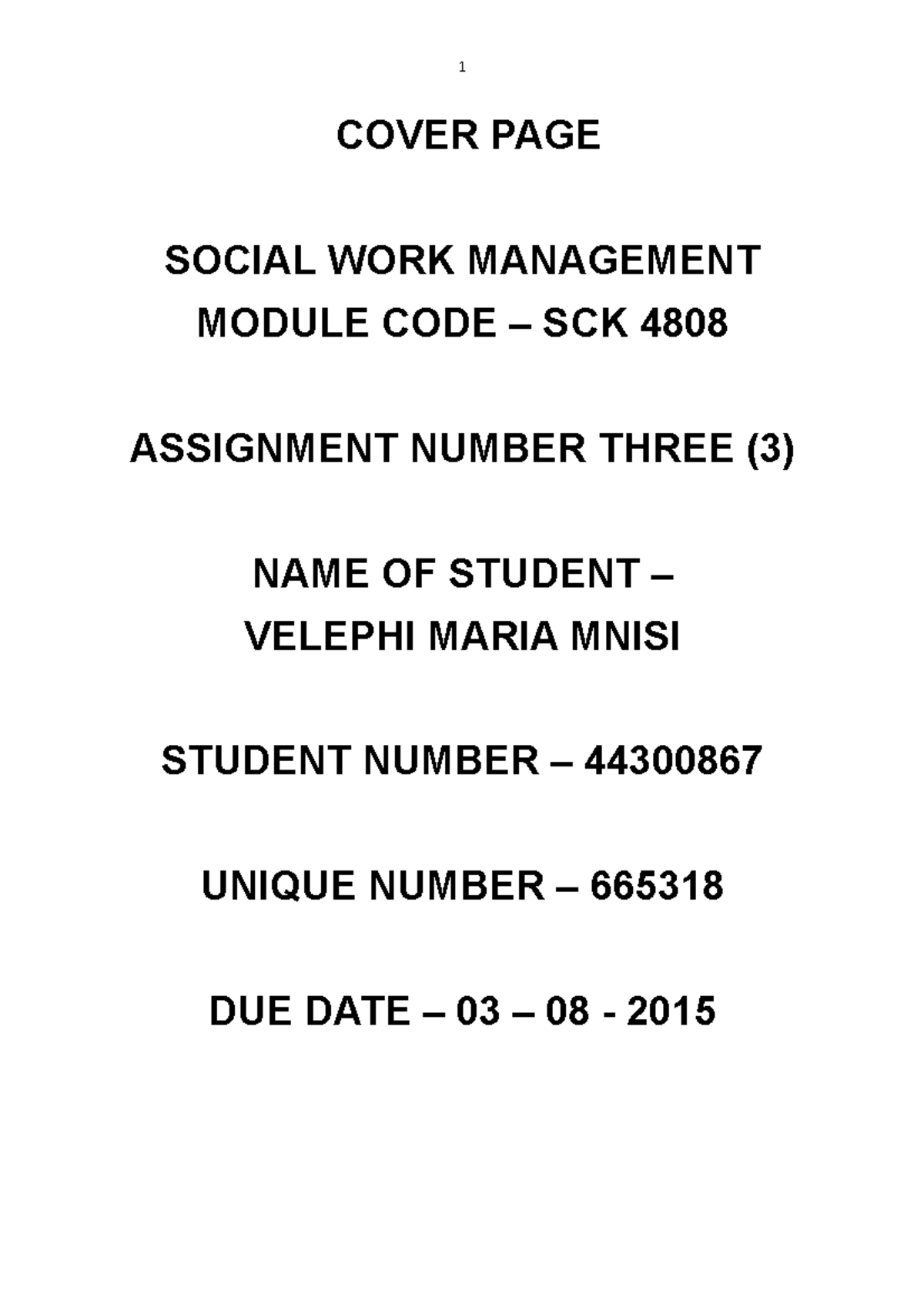 SCK4808 Ass No. 3-1 - ASSIGNMENT - COVER PAGE SOCIAL WORK MANAGEMENT ...