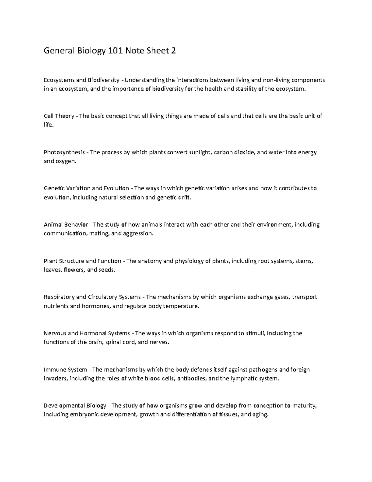 General Biology 101 Note Sheet 2 - General Biology 101 Note Sheet 2 ...