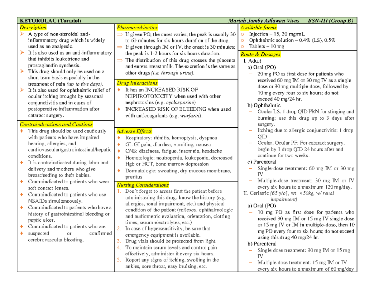 Drug Study on Ketorolac - KETOROLAC (Toradol) Mariah Jamby Adlawan ...